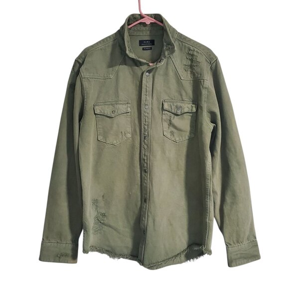 Zara | Jackets & Coats | Zara Green Denim Military Distressed Button ...